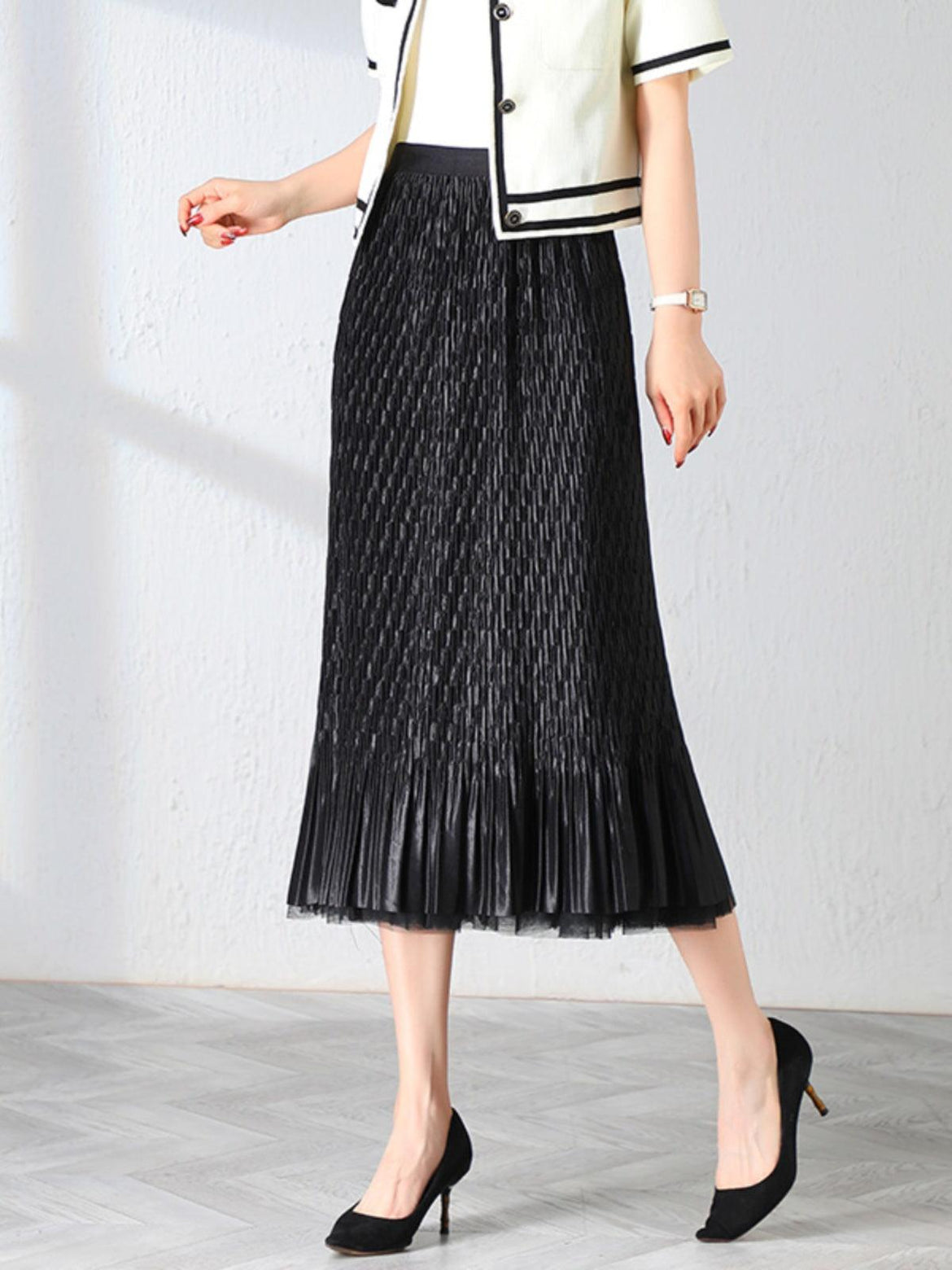 Fusta midi dama cu model floral 6612-27 negru | Lusha.ro